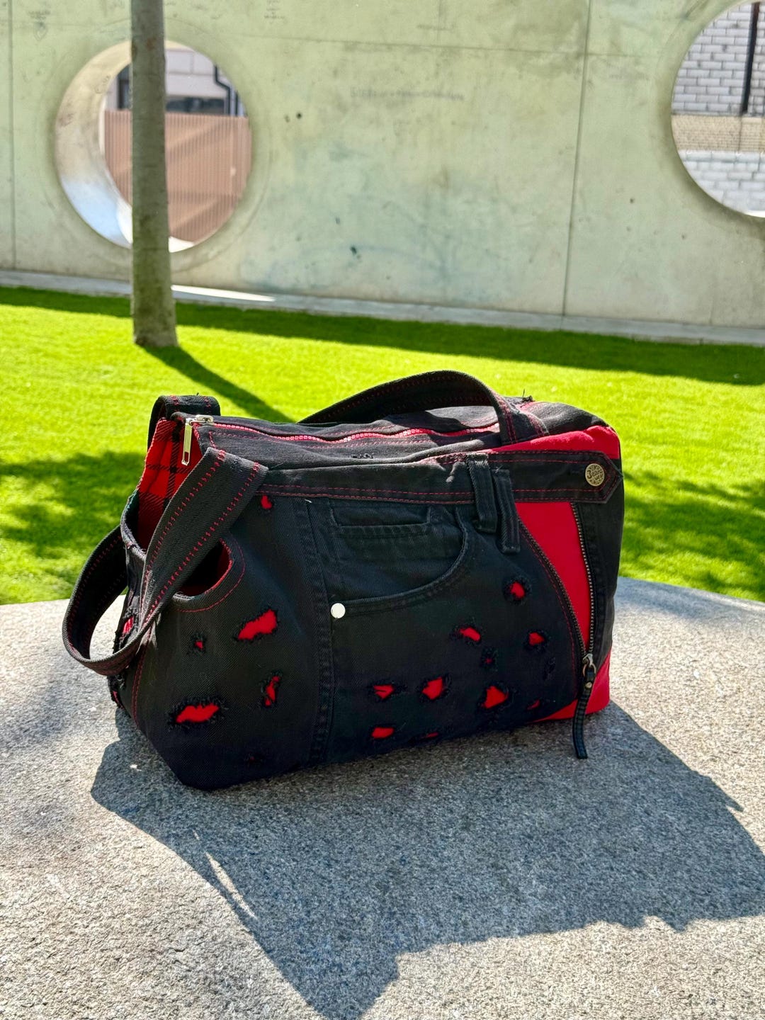 Red and Black Denim Upcycled Dog Carrier - Upcycled Pet Travel Bag ...