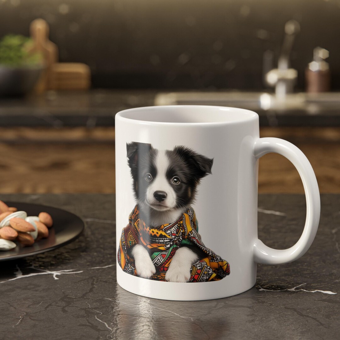 Border Collie Puppy in Vibrant African Print Attire Mug - Etsy