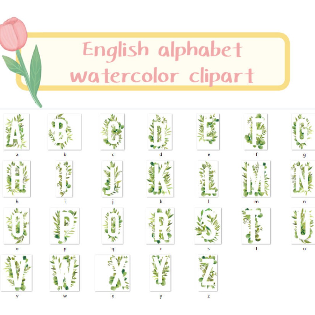 English Alphabet / Green Plants / Leaves / Watercolor Clipart / Hand ...