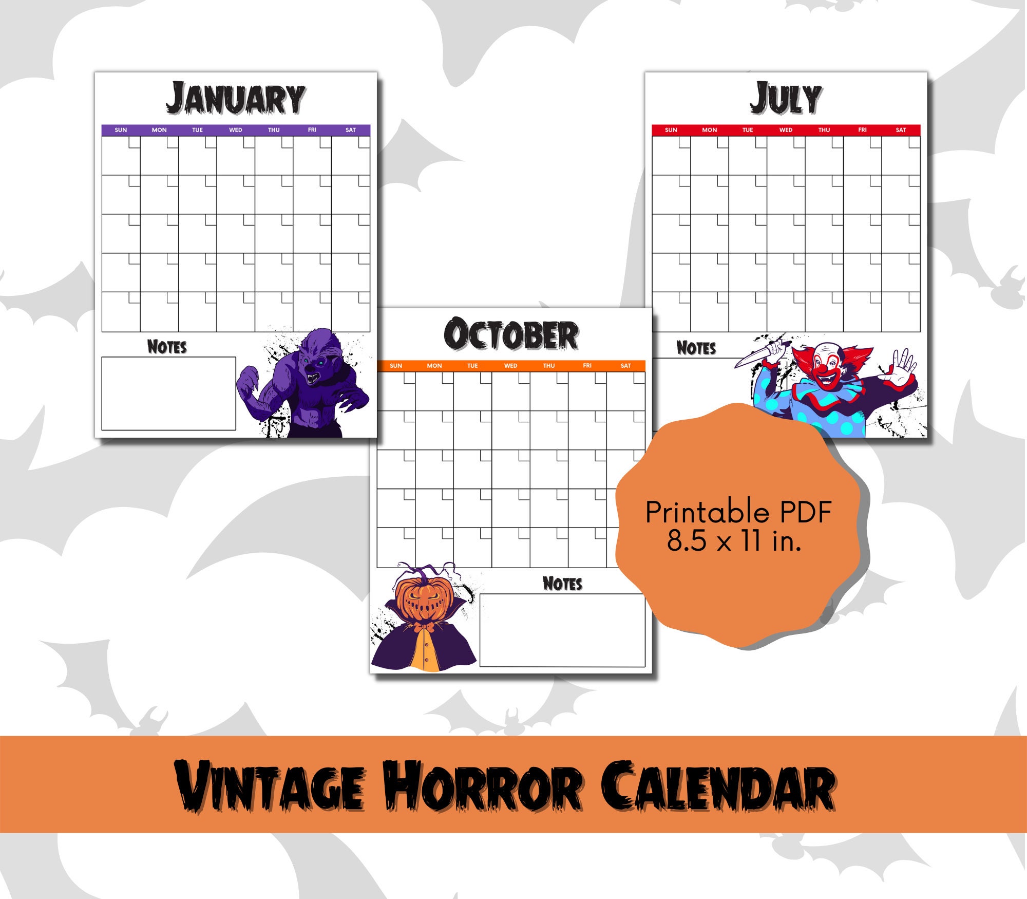Vintage Halloween Calendar // Printable Calendar PDF // Digital ...