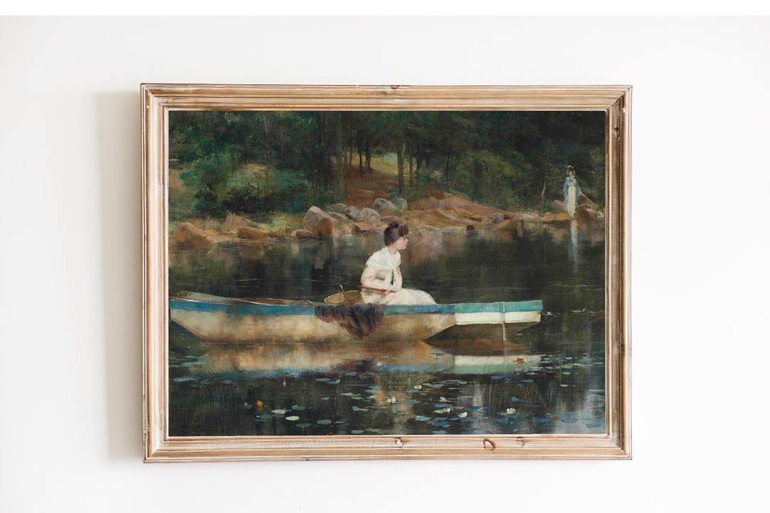 Vintage Girl Fishing Boat Art Print - Restored Lake Painting - Etsy