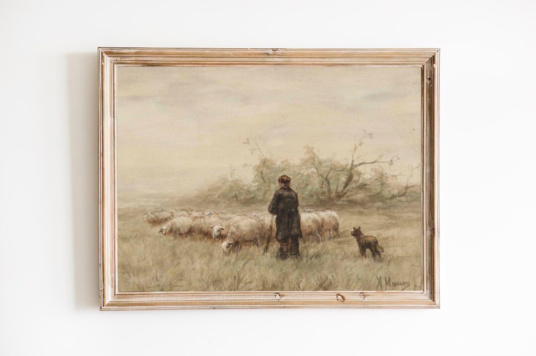 Vintage Sheep Landscape Print – Shepherd and Dog Art - Etsy