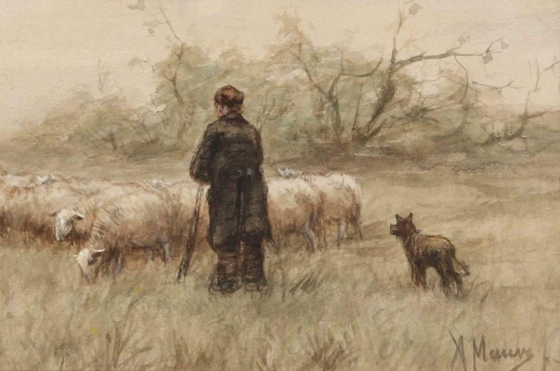 FREE SHIPPING Shepherd And His Dog Guarding A Flock Of Sheep | Etsy