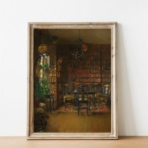 FREE SHIPPING - Vintage Library Art Print- Book Shelves Wall Art ...