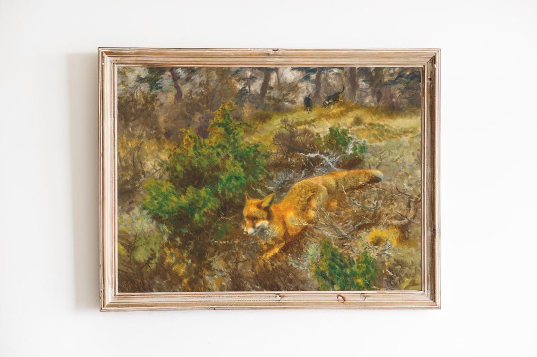 FREE SHIPPING - Fox on the Run Vintage Oil Painting - Dogs Chasing A ...