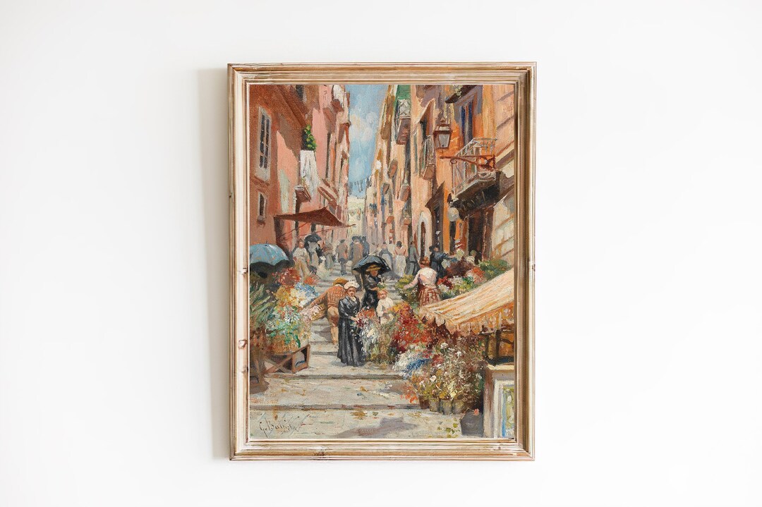 FREE SHIPPING - Vintage Italian City Scene Painting - Old Town Flower ...