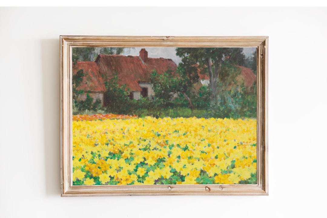 Vintage Yellow Flower Field Art Print – Country House Landscape - Etsy