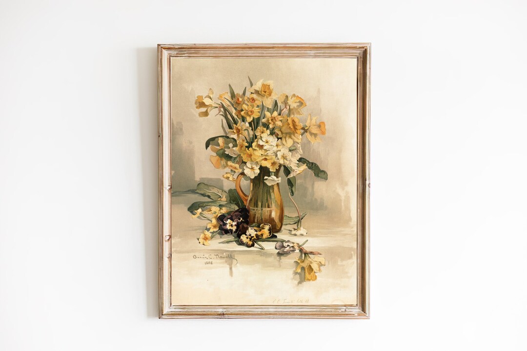 FREE SHIPPING - Yellow Jonquil Flowers Vintage Painting - Rustic Still ...