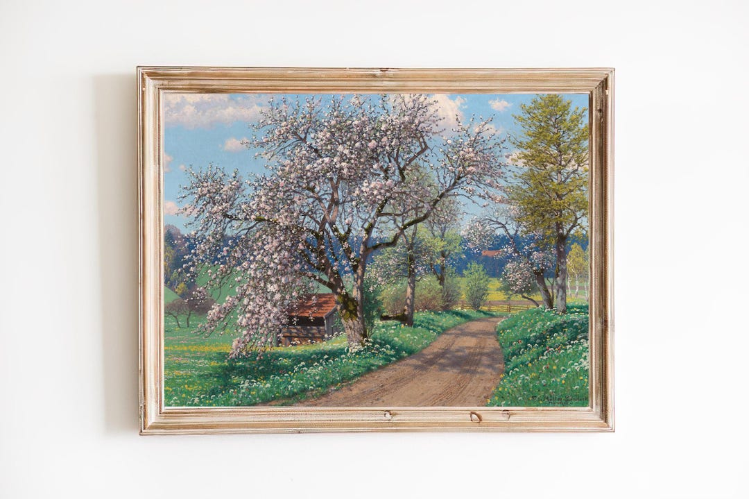 Vintage Spring Landscape Art Print – Countryside Path, Blossoming Tree ...