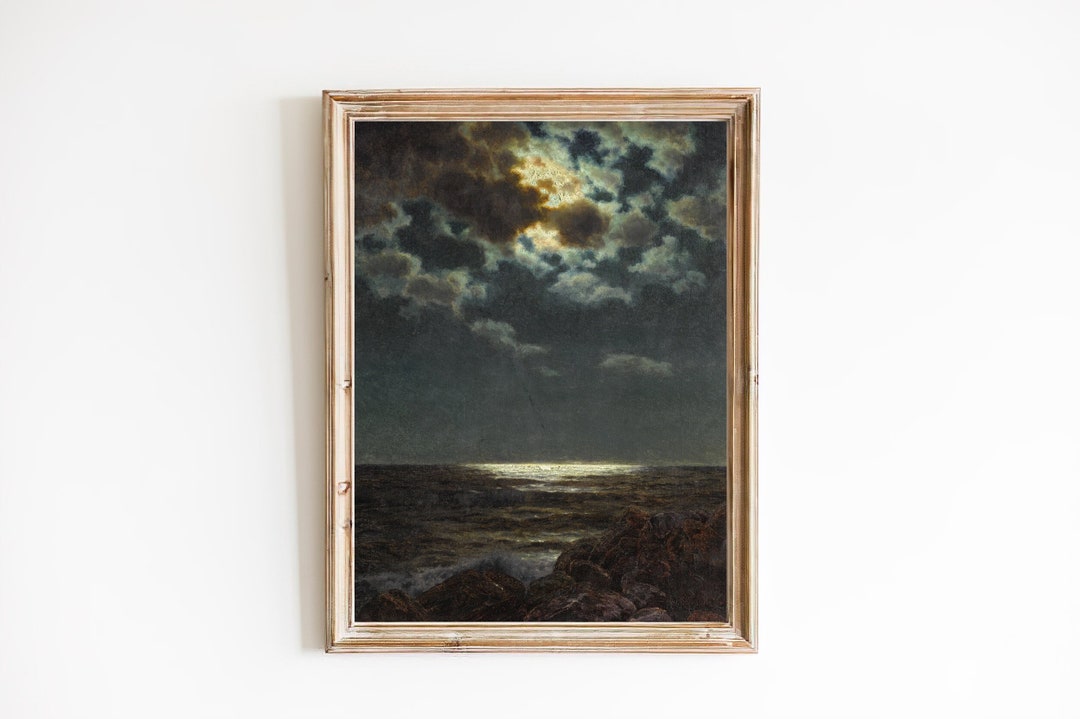 FREE SHIPPING - Midnight Sea Coast Oil Painting - Moonlit Sea Art Print - Rocky Beach at Night ...