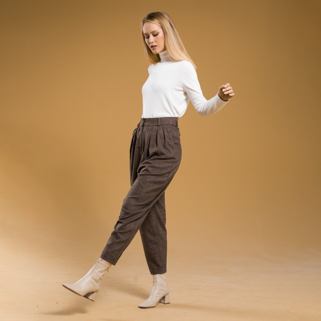 Plaid Oversized Carrot Pants, High-waisted Pants, Button Waist Slant ...