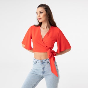 Side-tie Crop Top, Bell Sleeve Wrap Top, Knot Side Crop Blouse, V-neck ...