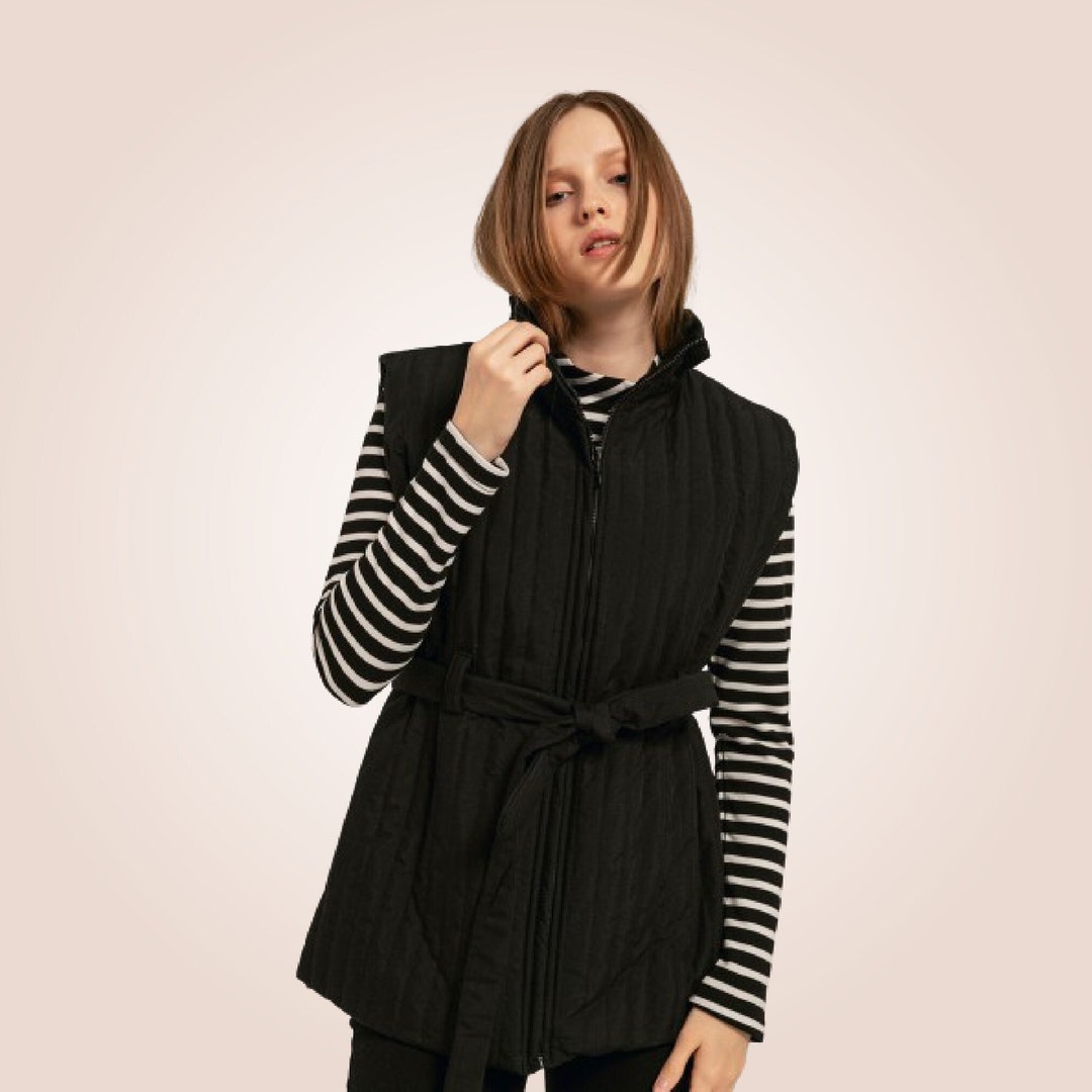 Side Slit Tie Waist Sweater Vest, Quilted Vest With Belt, Long Puffer ...