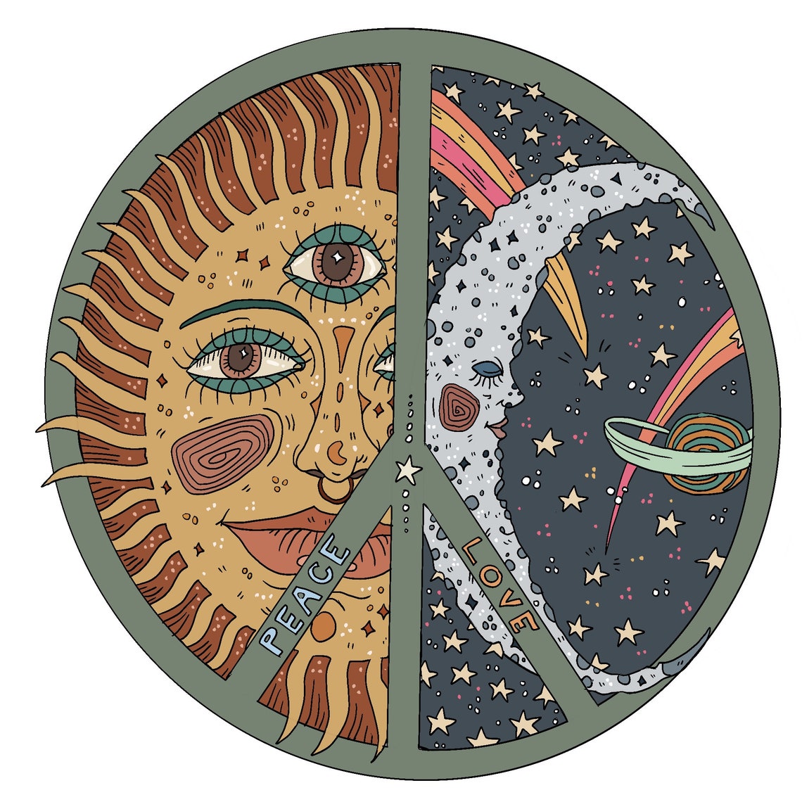 Sun and moon peace sign sticker | Etsy