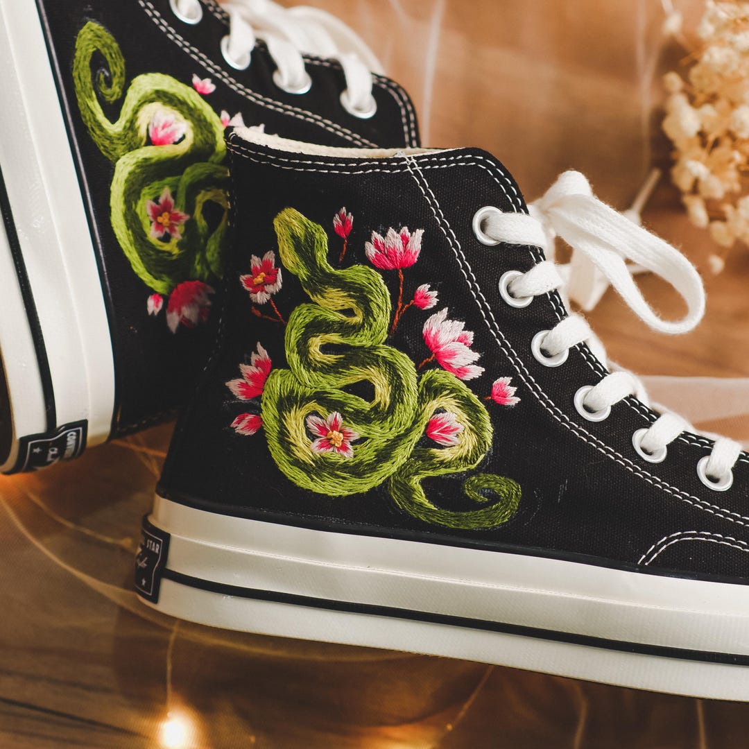 Embroidered Converse Snake, Green Snake Embroidered Converse Custom ...