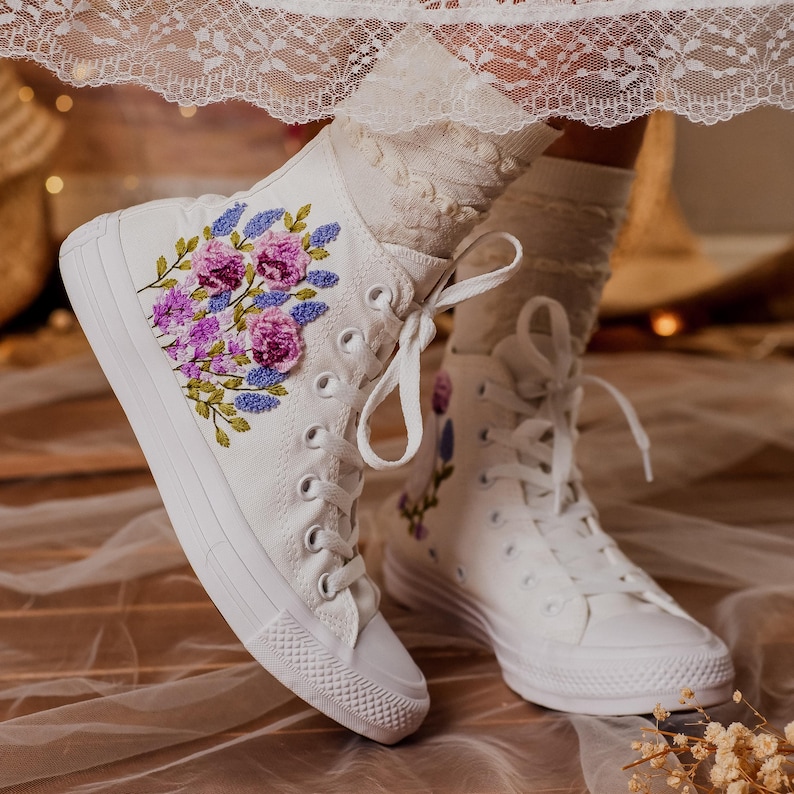 Purple Bouquet Embroidered Wedding Converse for Bride, Lavender ...
