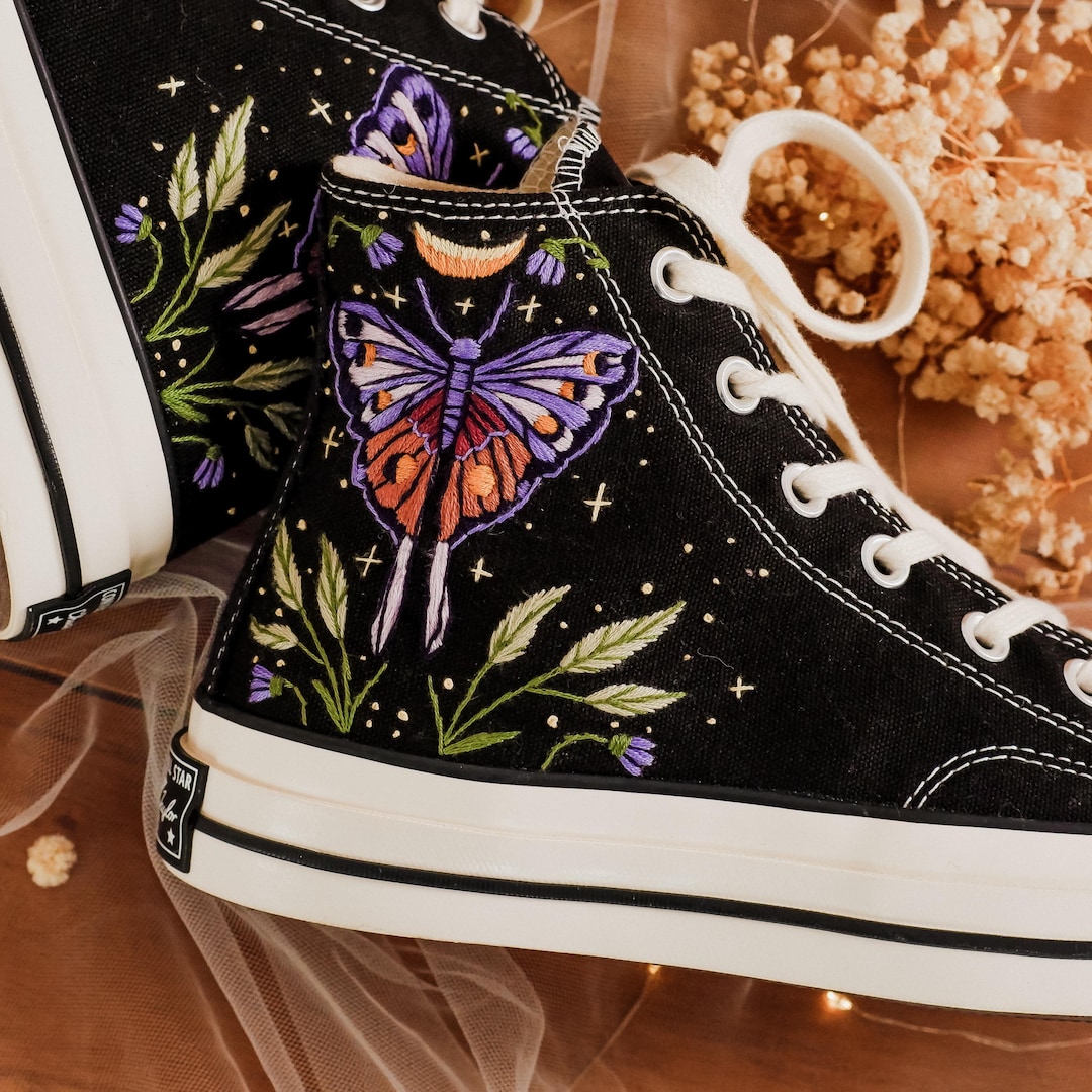 Purple Moth Butterfly Embroidered Converse, Gothic Witchy Boho ...