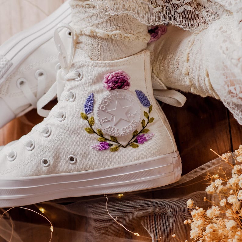Purple Bouquet Embroidered Wedding Converse for Bride, Lavender ...