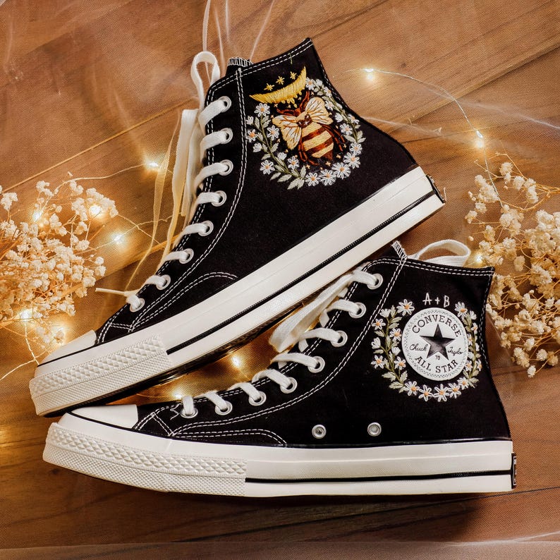 Custom Embroidered Converse, Vintage Bee Embroidered Shoes, Converse ...