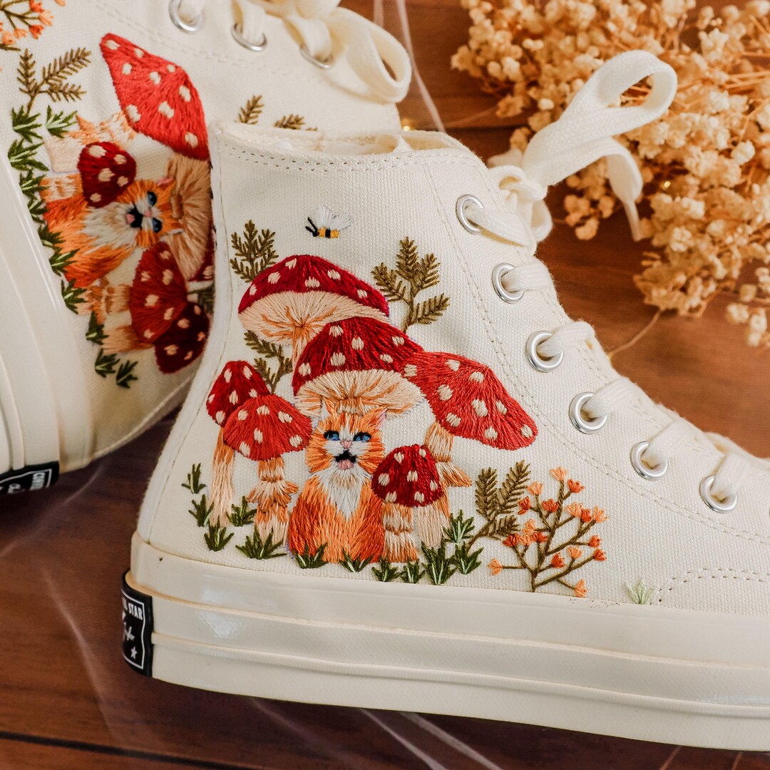 Custom Embroidered Converse, Cats and Mushrooms Embroidered White ...