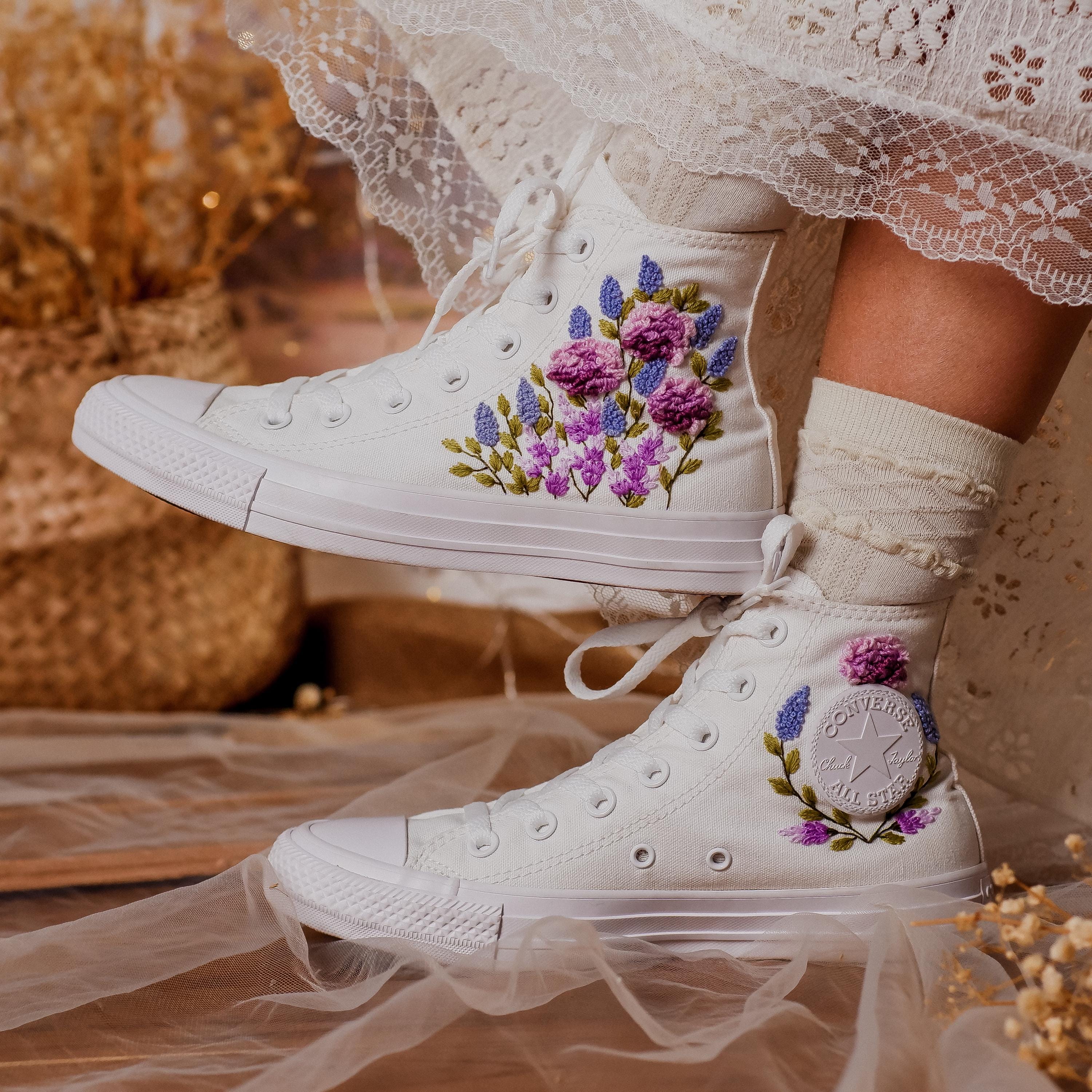 Purple Bouquet Embroidered Wedding Converse for Bride, Lavender ...