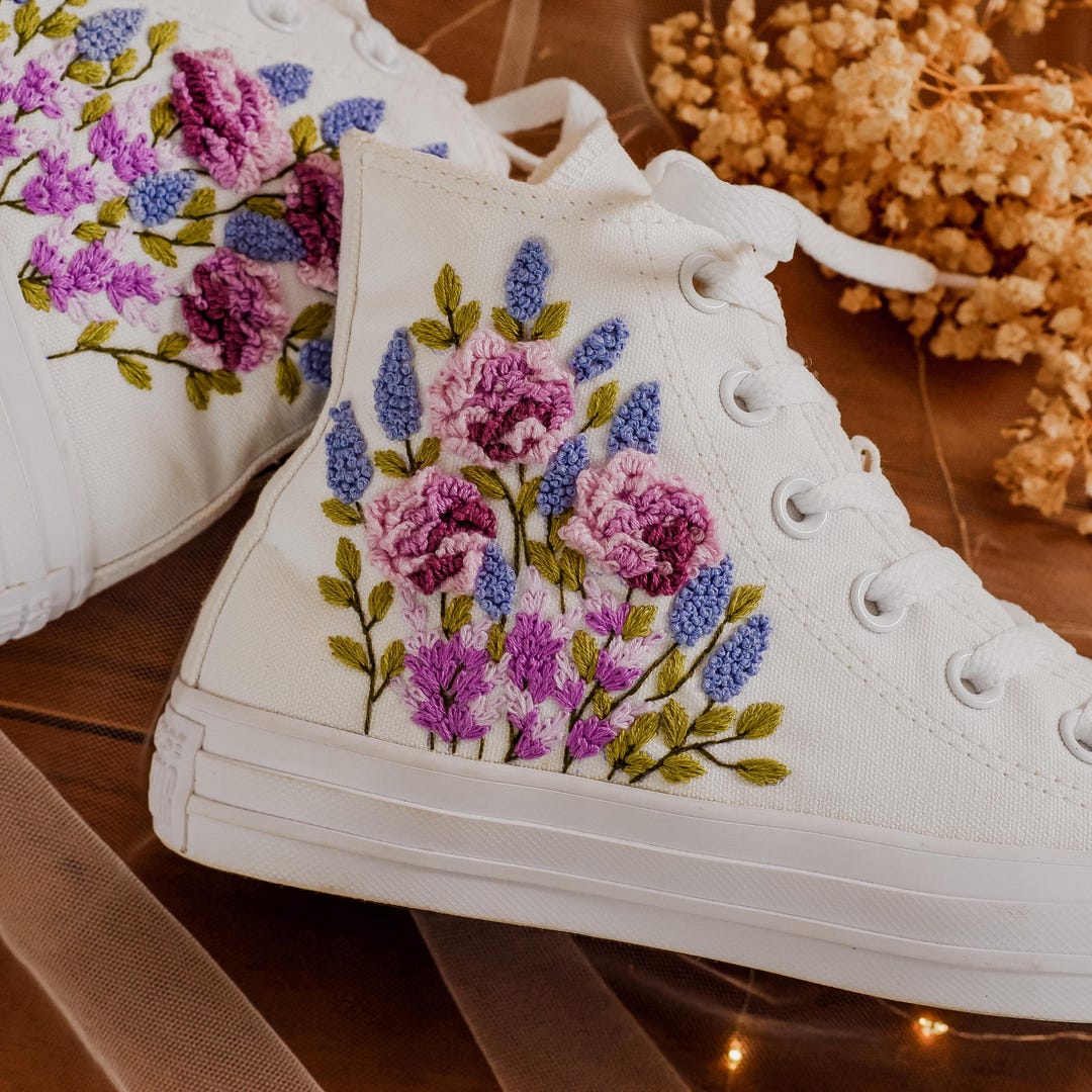 Purple Bouquet Embroidered Wedding Converse for Bride, Lavender ...