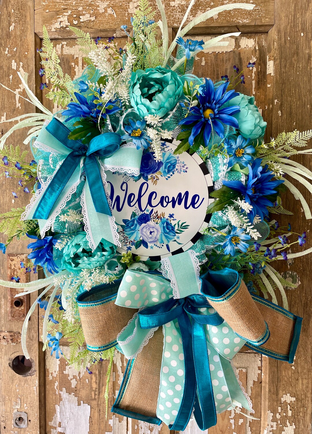 Blue Floral Wreath, Welcome Wreath, Door Wreath, Deluxe Wreath, Porch ...