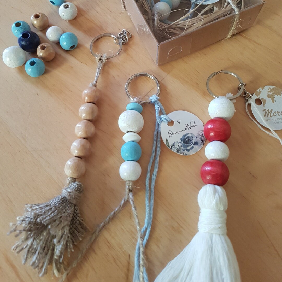 Wood Bead Keychain Wedding Favor Boho Wood Bead Keychain - Etsy