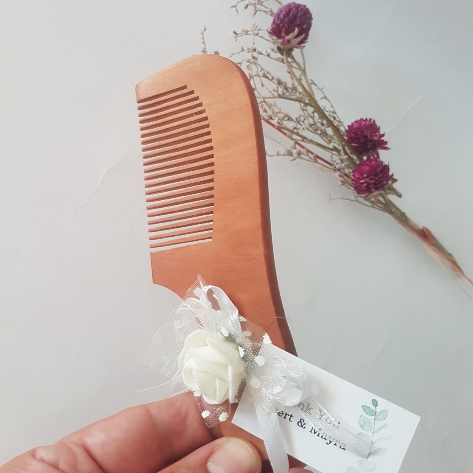 Wooden Comb With Ribbon and Flowers - Natural Wedding Gift - Etsy