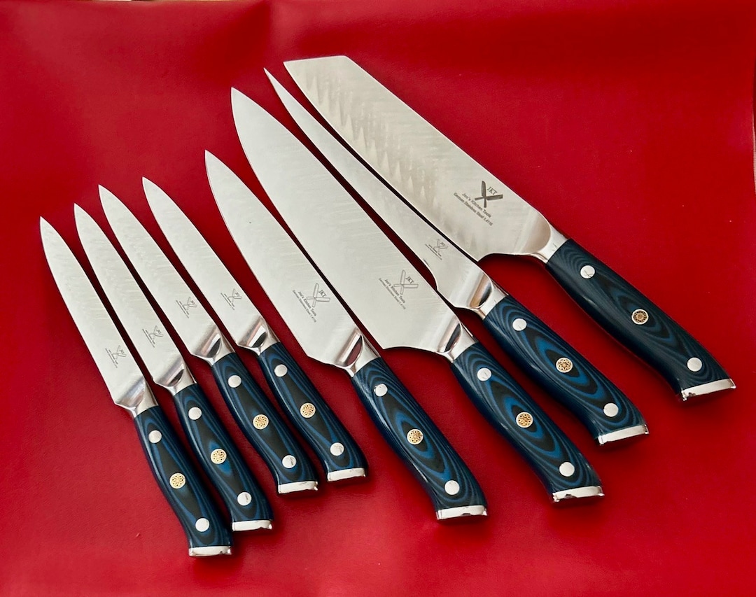 8 Pc Chefs Knives Set in Blue Composite Full Tang Knives. - Etsy
