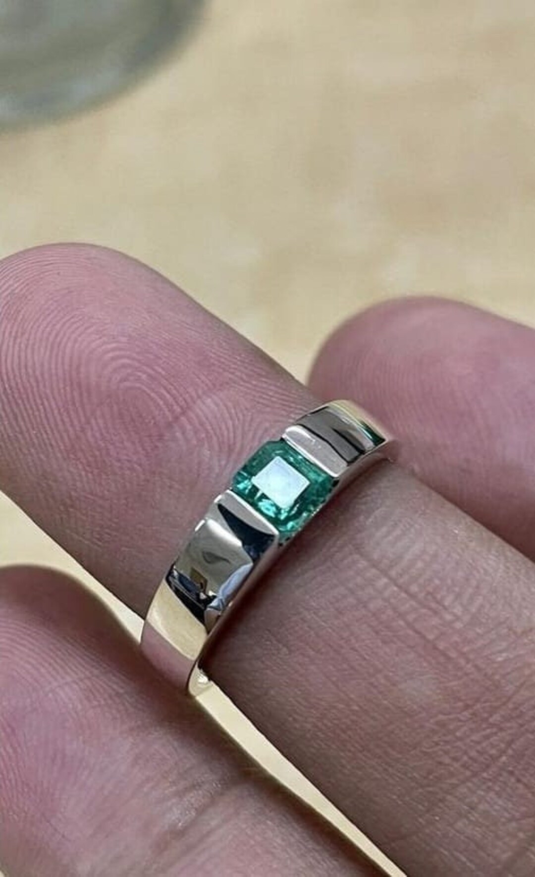 Natural Vivid Mens Emerald Ring Square Cut Rich Green Emerald Sterling ...