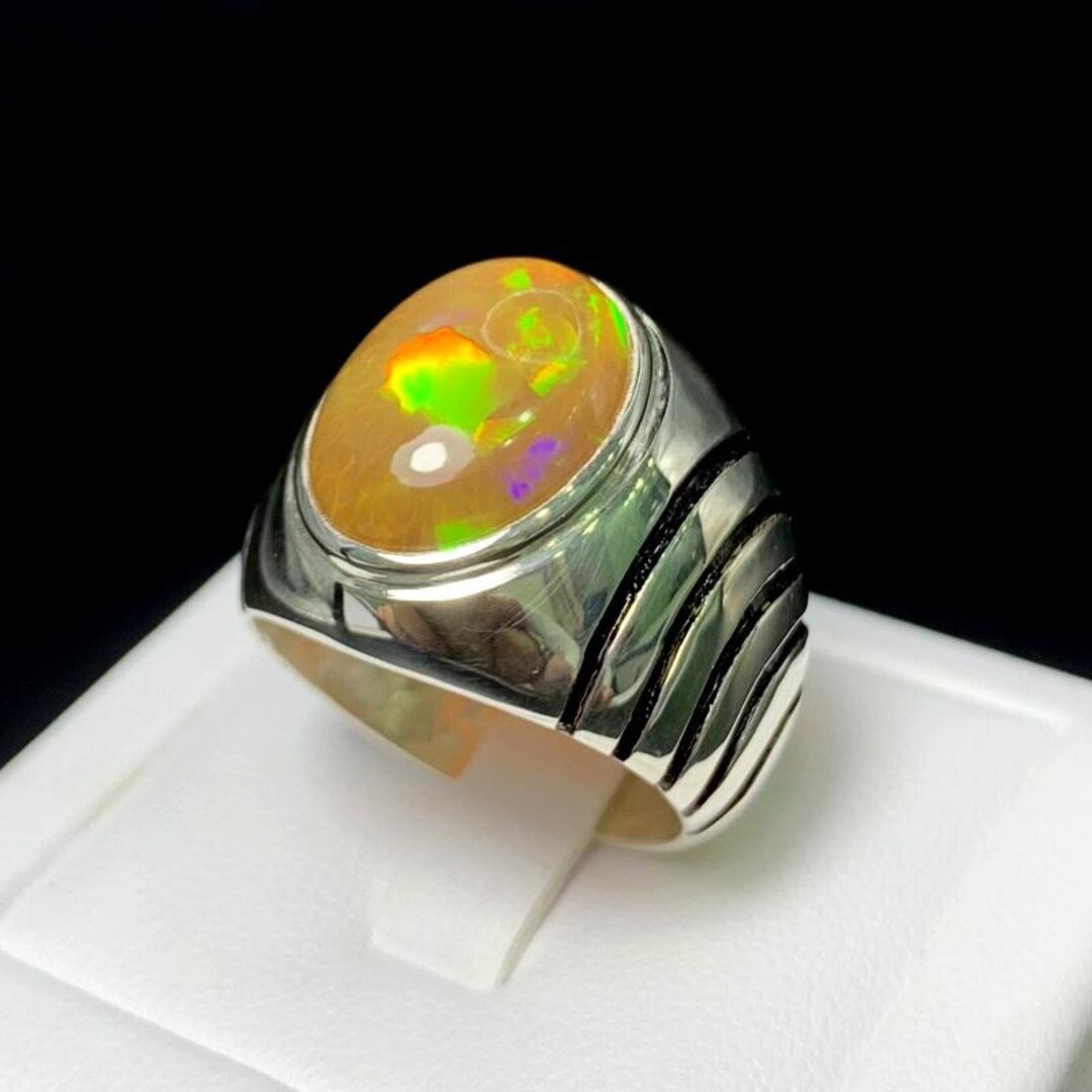 Mens High Fire Opal Ring Sterling Silver 925 Flower Engraved Man Ring ...
