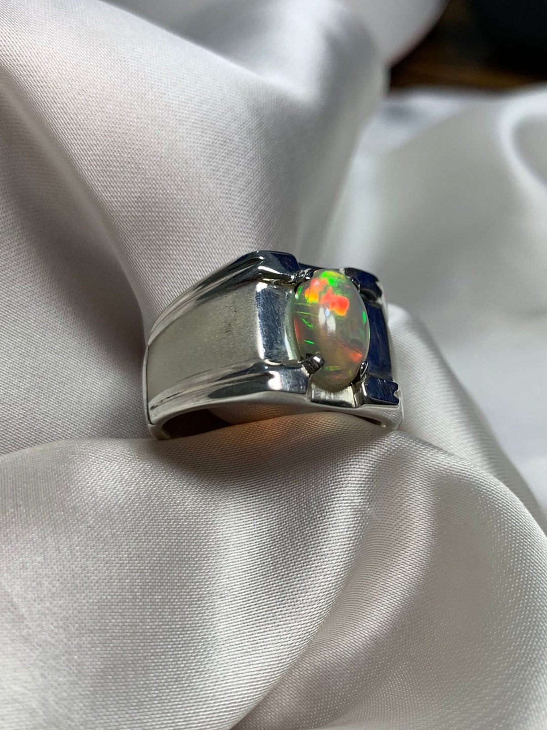 Natural Mens Fire Opal Ring Sterling Silver 925 Man Prong Ring for Men Multi Color Change Full ...