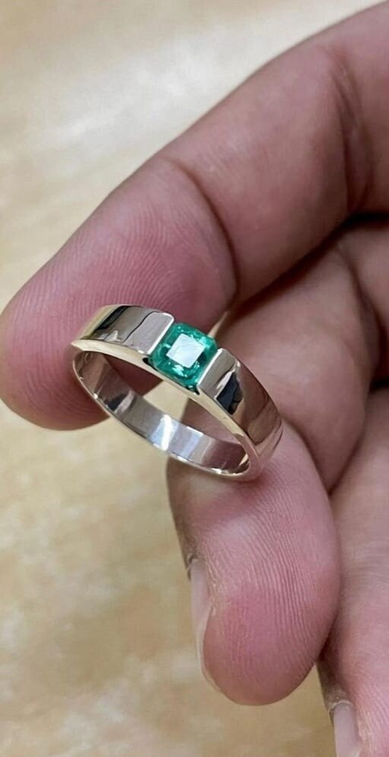 Natural Vivid Mens Emerald Ring Square Cut Rich Green Emerald Sterling ...