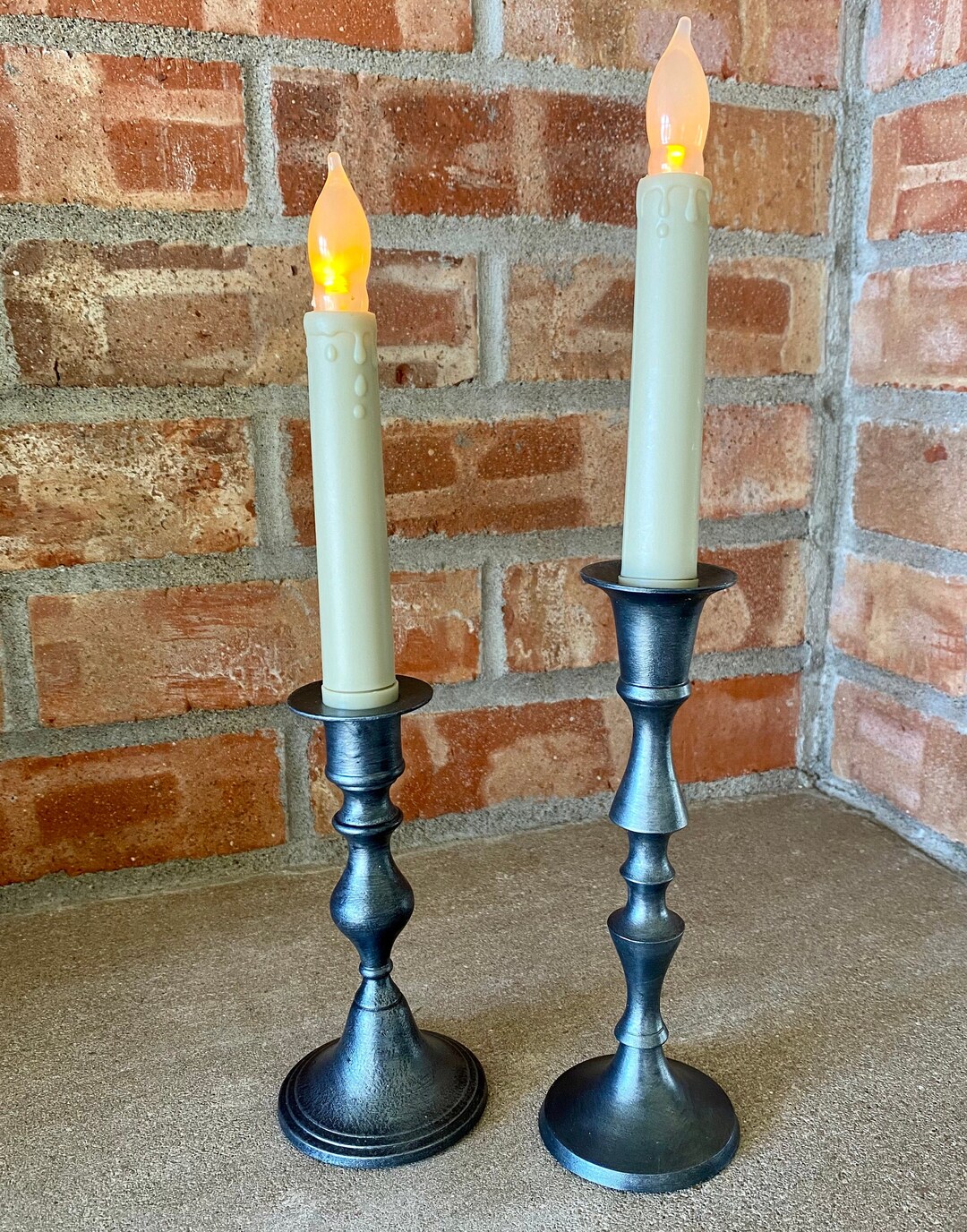 Painted Candlesticks, Set of Two, Faux Pewter Candlesticks, Aged Metal ...