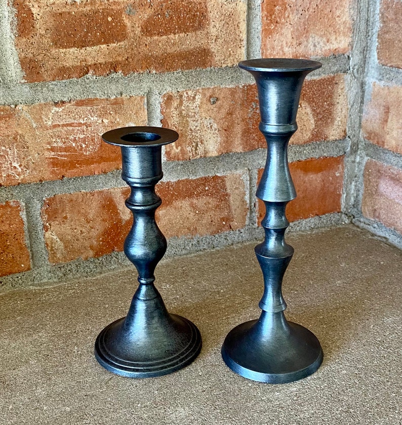Painted Candlesticks, Set of Two, Faux Pewter Candlesticks, Aged Metal ...