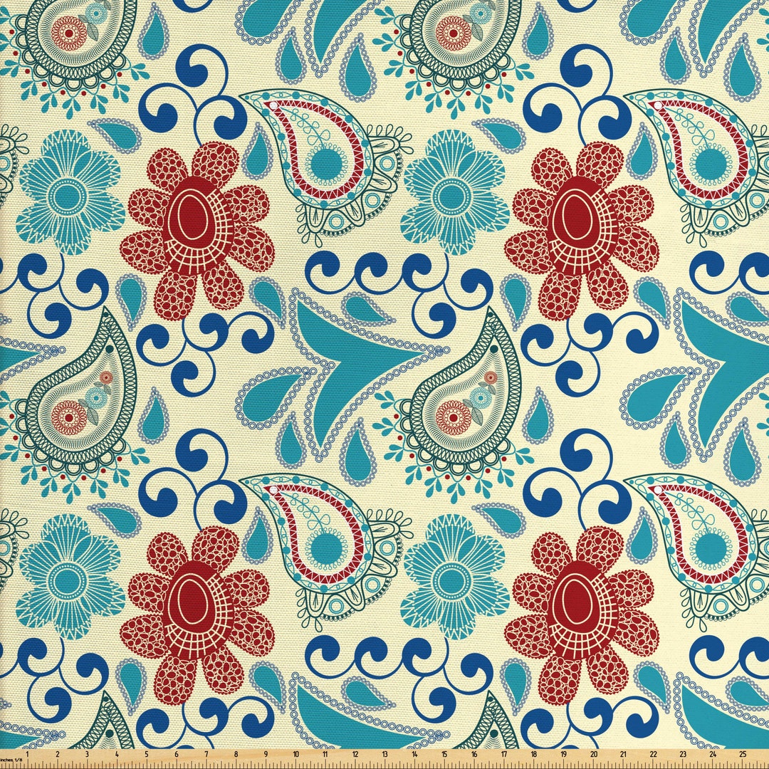 Blue Paisley Fabric by the Yard, Waterdrop Navy Ornament Trellis Motif ...