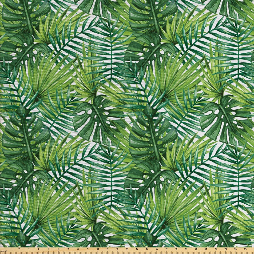 Leaf Fabric by the Yard, Green Banana Palm Monstera Berry Leaves Vines ...