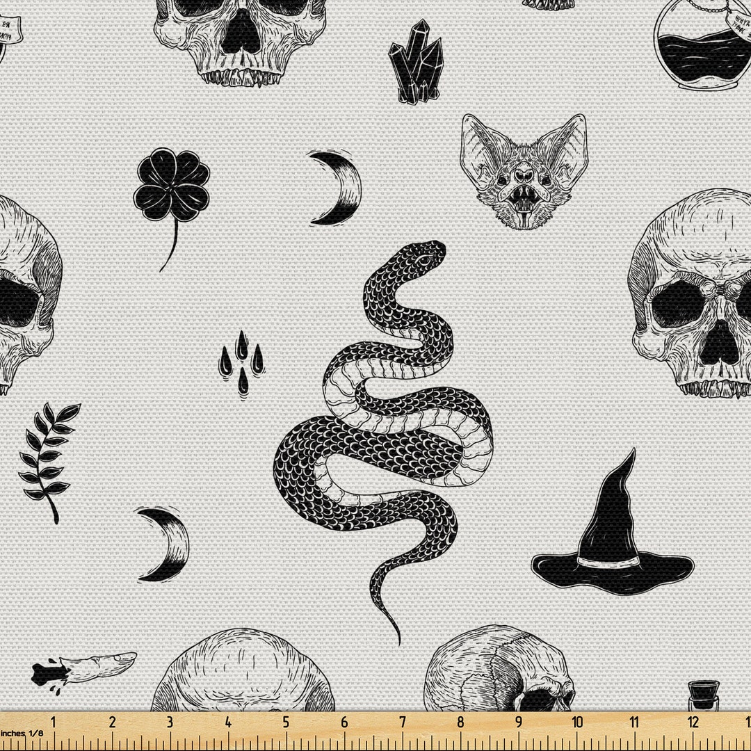 Skull Fabric by the Yard, Gothic Objects Halloween Art Decorative ...
