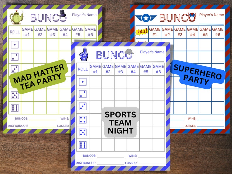 Themed Bunco Score Sheets, Bunco Score Cards, Bunco Tally Sheets, Bunco ...