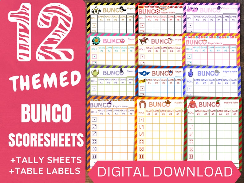 Themed Bunco Score Sheets, Bunco Score Cards, Bunco Tally Sheets, Bunco ...