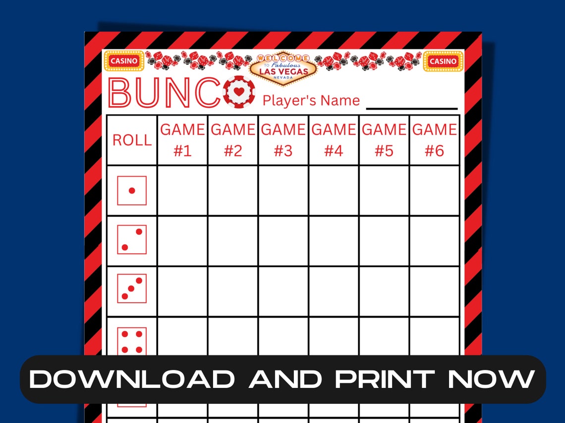Casino Night Themed Bunco Scoresheets, Vegas Themed Bunco Score Cards ...