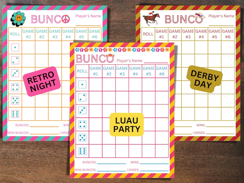 Themed Bunco Score Sheets, Bunco Score Cards, Bunco Tally Sheets, Bunco ...