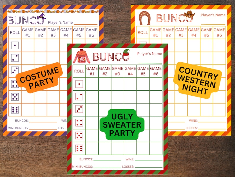 Themed Bunco Score Sheets, Bunco Score Cards, Bunco Tally Sheets, Bunco ...
