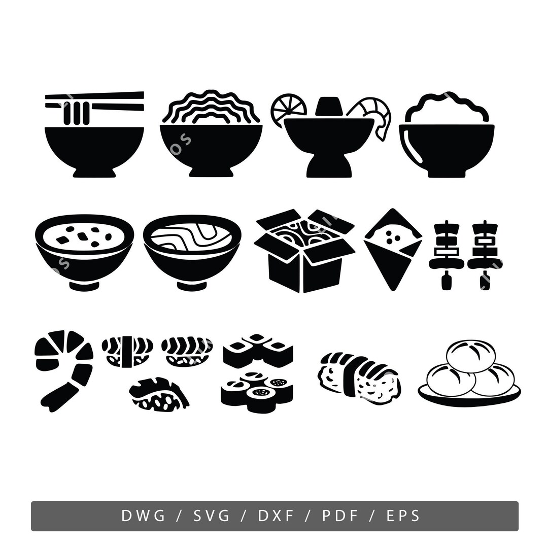Asian Food SVG Bundle, Japanese Vector, Sushi Roll DWG, Ramen Dxf ...