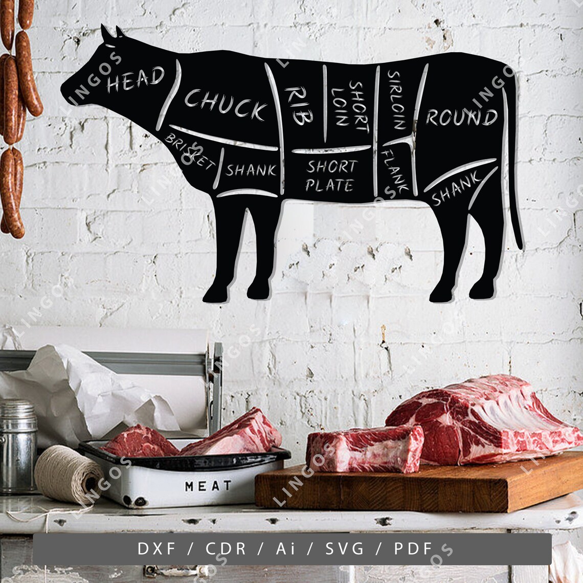 Beef Cuts Silhouette Butcher Wall Art Cow Butcher Meat - Etsy