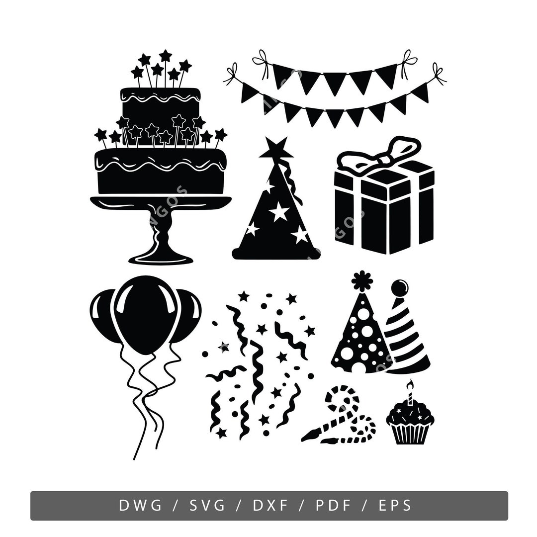 Birthday Party SVG, Party Doodle Vector, Cake Eps, Balloon Pdf, Gift ...