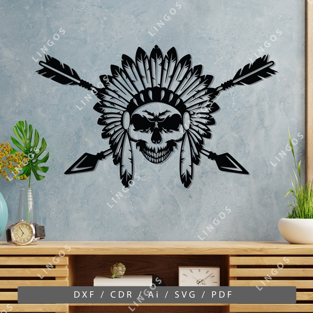 Indian Skull Design Laser Cut Svg Dxf Files Wall Sticker Engraving ...