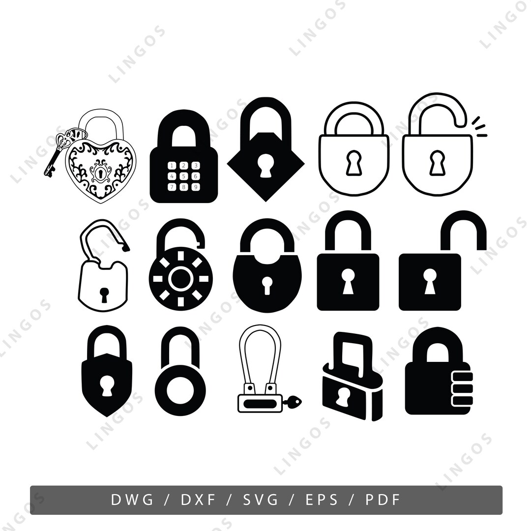 Lock SVG Bundle, Key Vector, Padlock DWG File, Lock Silhouette Dxf, Eps ...