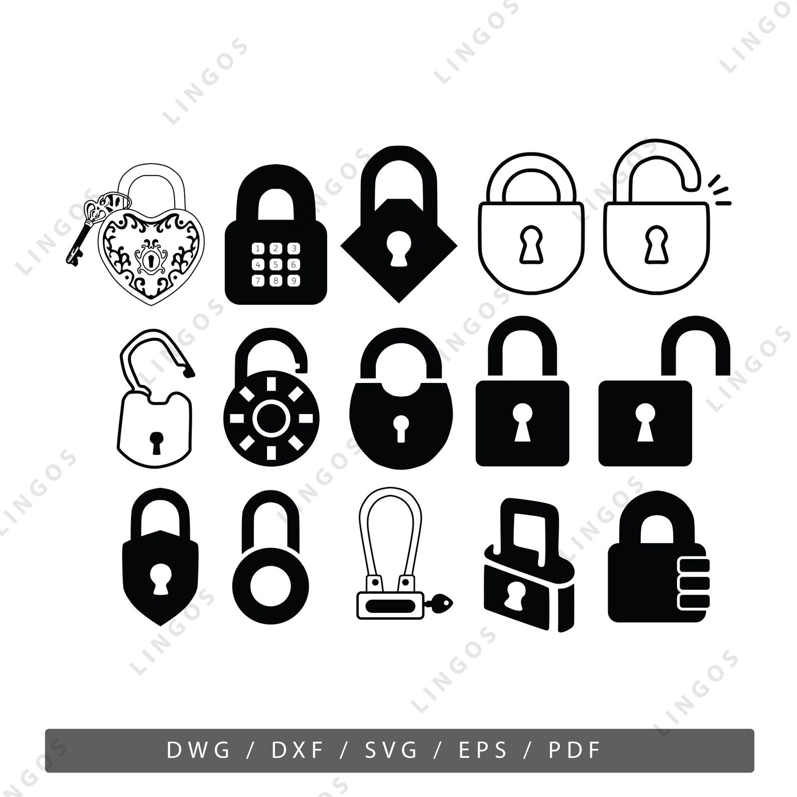 Lock SVG Bundle Key Vector Padlock DWG File Lock Silhouette - Etsy